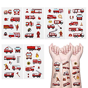 24 Sheets Fire Truck Temporary Tattoos, Birthday Decorations Firetruck Firefighter Party Favors