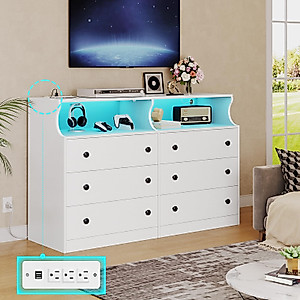 Hasuit 6 Drawer Dresser with LED Lights and Charging Station, Wide Chest of 6 Drawers with Open Space, Modern Large Capacity Storage Cabinet, White Dresser for Bedroom, Living Room, Hallway