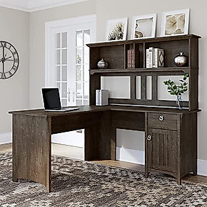 Bush Furniture Salinas L Shaped Desk with Hutch in Ash Brown | Corner Table with Drawers and Storage for Home Office