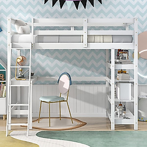 Harper & Bright Designs Twin Size Loft Bed with Desk Underneath Twin Loft Bed with Shelves and Ladder, Wood Loft Bed Twin for Kids Girls Boys,White