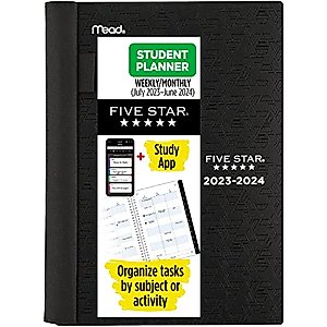 Five Star 2023-2024 Academic Planner + Study App, Weekly & Monthly Advance Student Planner with Spiral Guard, 5-1/2" x 8-1/2", Small, Black (TAW4590524)