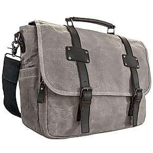Canvas Messenger Bag for Men, Laptop Case, Satchel | Office Professionals, Travel | Waxed Canvas, Genuine Leather, Smoked Metal Hardware | Trolley Sleeve