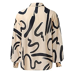 Button Down Shirts for Women Collared Long Lantern Sleeve Loose Fall Blouse Patterned To Wear with Leggings Boho Print Casual Tunic Tops Hawaiian Autumn Elastic Sleeve Summer Graffiti Beige