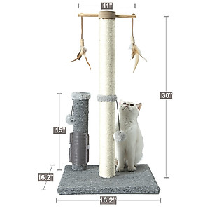 PAWSFANS Cat Scratching Post,Sisal Scratch Posts Vertical Scratcher for Indoor Cats and Kittens,with self Grooming Bursh and Interactive Toys 30 Inches Tall Grey