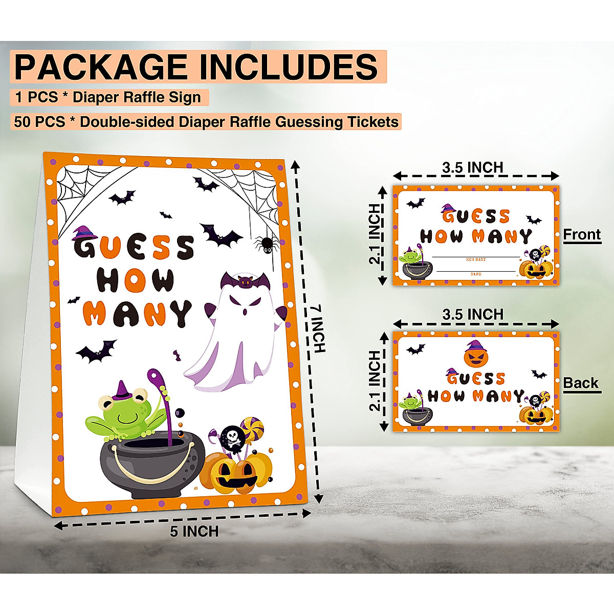 Halloween Bridal Shower Game Sign and Card, Halloween Guess How Many Party Game Set, 1 Sign With 50 Guess Tickets –LK-014
