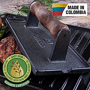 Victoria Rectangular Cast-Iron Meat Press with a Wooden Handle, Preseasoned with Flaxseed Oil, Made in Colombia