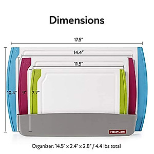 Neoflam 4 Piece Plastic Coded Cutting Board Plus Organizer with Food Icon, Microban Protection, Extra Large, BPA Free, Juice Groove, Non Slip, Dishwasher Safe, 4pc Set, Multicolor