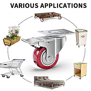 D&L 3 Inch Plate Swivel Casters Wheels 1400lbs Heavy Duty Casters with Brake Polyurethane Dual Locking Casters Set of 4 Red DL-I3-001R
