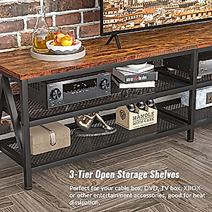 Furologee TV Stand for 60 65 inch TV, Long 55" Entertainment Center with 3-Tier Open Storage Shelves, Industrial TV Console Table for Living Room, Rustic Brown