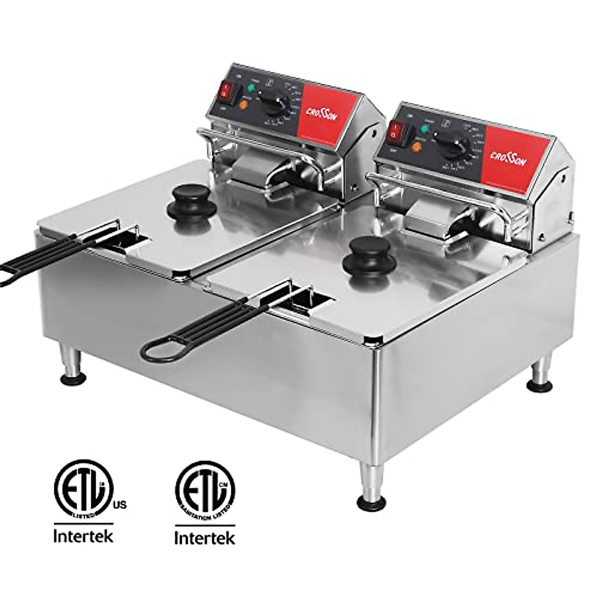 CROSSON ETL Listed Dual Tank 26Lbs Electric Countertop Deep Fryer with Easy-assembling Solid Basket ,Removable Oil Container,Height Adjustable Leg and Lid for Restaurant Home Use-120V,3600W Stainless Steel Commercial Deep Fryer