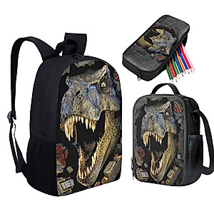 HUGS IDEA T-rex Dinosaur Backpack Teen Boys School Book bag with Lunch Box Pen Case 3 in 1