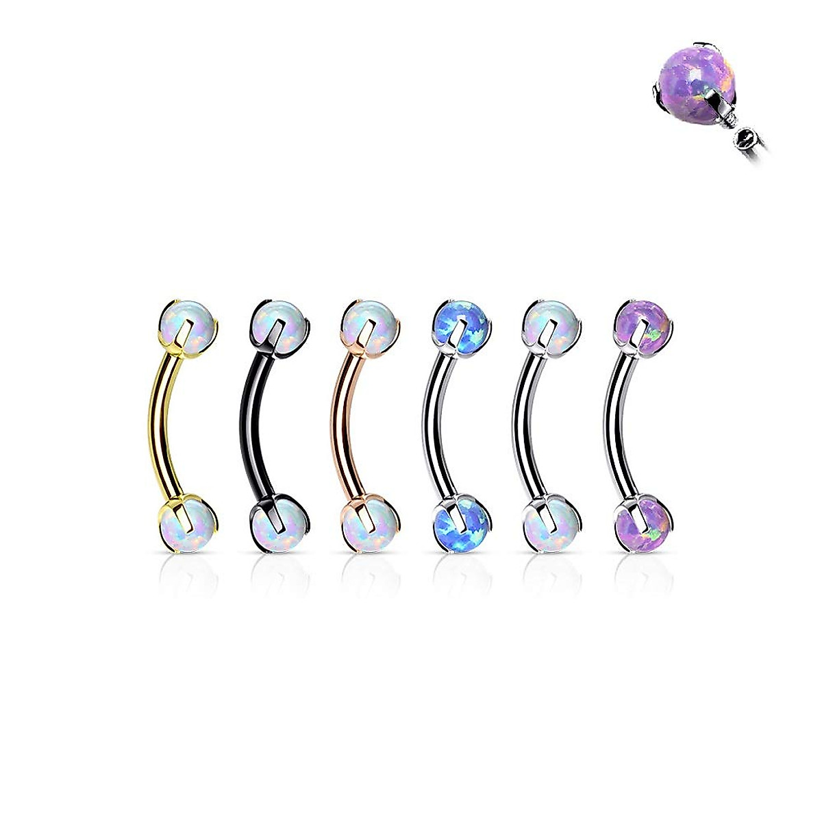 Pierced Owl 16GA Stainless Steel Internally Threaded Claw Set Synthetic Opals Eyebrow Curved Barbell (Black/White)