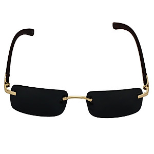 Elite Slim Rimless Rectangular Metal & Wood Art Aviator Sunglasses (Black)