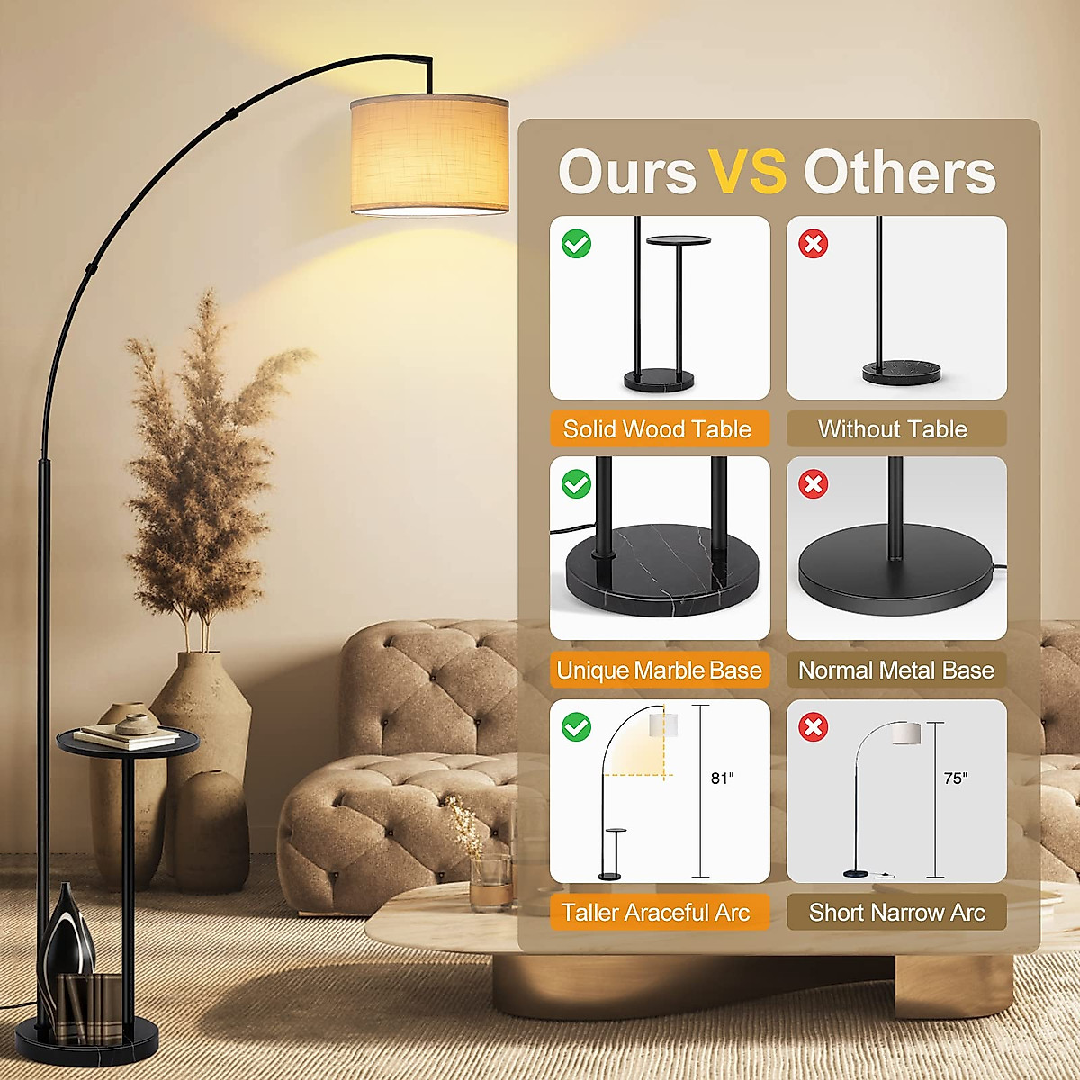 OUTON Arc Floor Lamp with Table and Marble Base, 81" Height LED Dimmable Floor Lamp with Remote & 4 Color Temperature, Tall Standing Lamp with Adjustable Hanging Drum Shade for Living Room, Bedroom