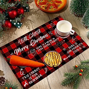 Dear Santa Placemat Buffalo Plaid Placemat Christmas Place Mat Decorations Santa Cookie Plate Xmas Eve Treat Board Wooden Tray Plate Santa Message Christmas Plate Mat for Kids (Black and Red Plaids)
