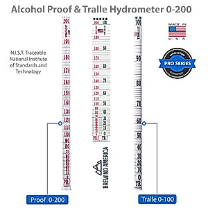 Hydrometer Alcohol Meter Test Kit: Distilled Alcohol American-Made 0-200 Proof Pro Series Traceable Alcoholmeter Tester Set with Glass Jar for Proofing Distilled Spirits - Made in America