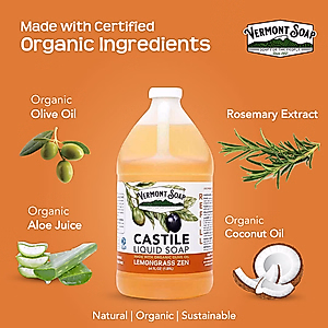 Vermont Castile Lemongrass Zen Soap, Gentle Liquid Soap for Sensitive Skin & Natural Body Wash, Organic Hair Shampoo for Oily Hair, Aloe Castile Soap for Men & Women - 64 Oz