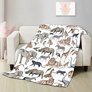 Animal Blanket Gifts for Boys Girls,Woodland Forest Animals Pattern Throws,Soft Plush Elephant Leopard Monkey Lion Hippo Print,Lightweight Quilts for Bed Sofa Decoration 60 x 50in for Teens