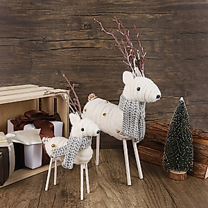 winemana 2 Pcs Plush Fabric White Figurines Reindeer with Scarf Bells Christmas Table Ornaments, Tabletop Standing Deer Christmas Decorations for Home Kitchen Centerpieces Xmas Winter Holiday Party