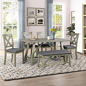 Actual Solid Wood Kitchen Dining Room Set for Dining Kitchen Room, 6 Piece Dining Table Set Dining Table and Chair, 1 Bench and 4 Chairs, Rustic Style, Grey, Dining table: 60 x 36 x 29.9 inches