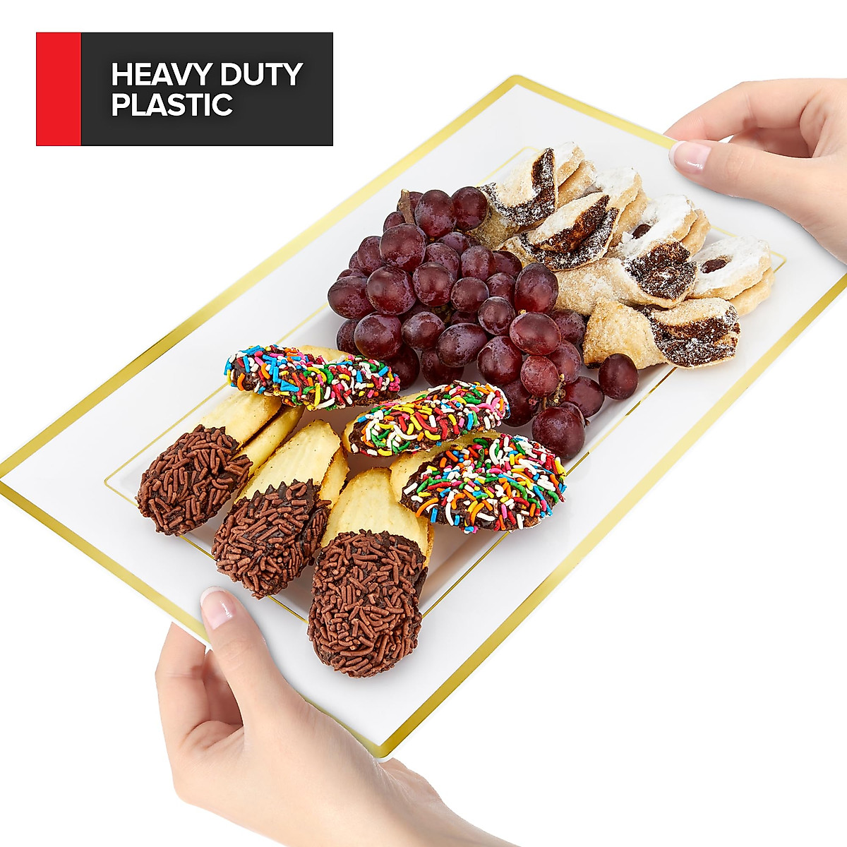 (12 Pcs) Premium White and Gold Plastic Serving Tray, Plastic Serving Platter Disposable, White Rectangle Party Trays and Platters for Fruit, Dessert, Cookies, Appetizers, Holiday Parties