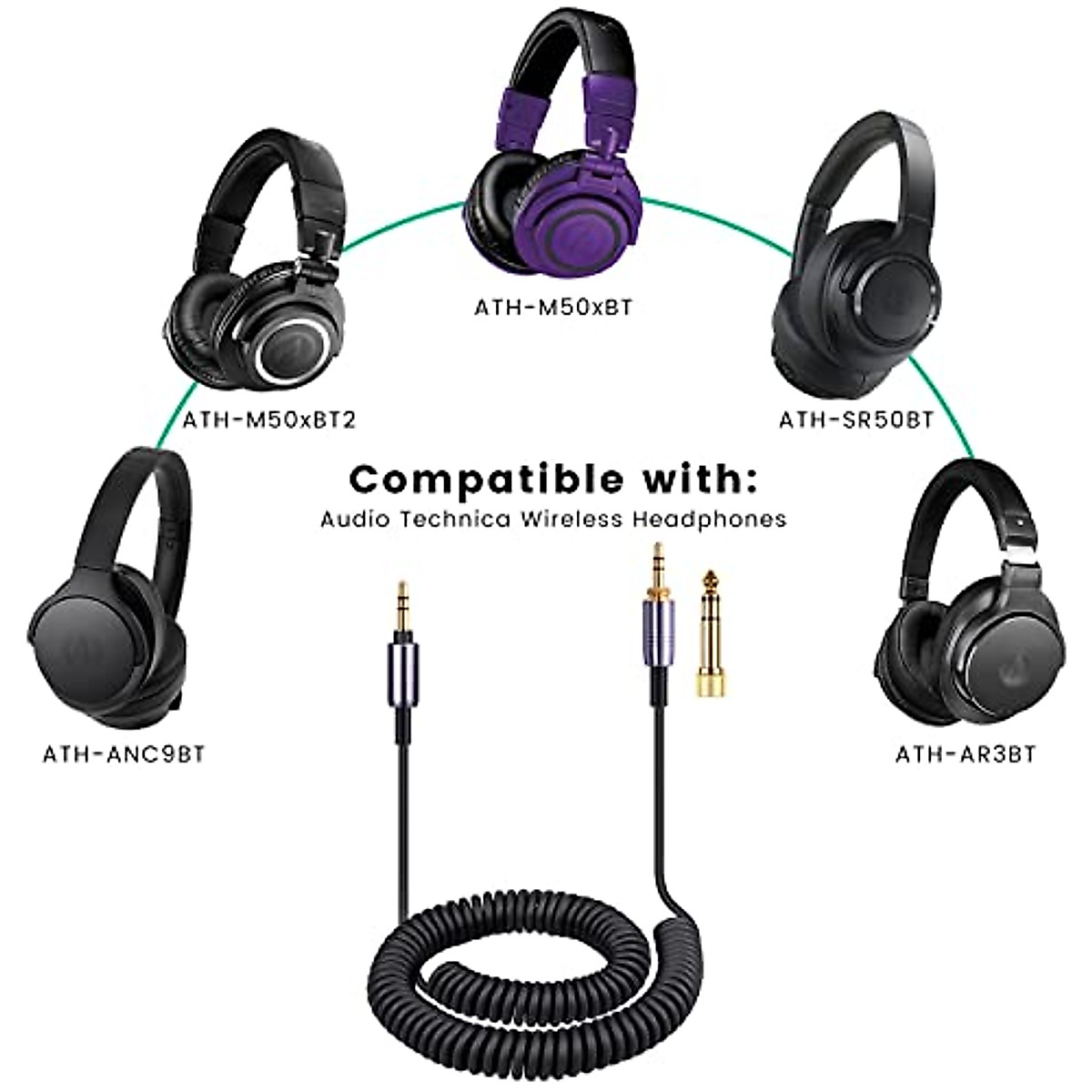 weishan ATH-M50xBT Cable, Coiled Aux Cord Replacement for Audio Technica ATH-M50xBT2, ATH-SR50BT Wireless Headphones, 3.5mm(1/8") Extension Wire with 6.35mm(1/4") Adapter, 14ft