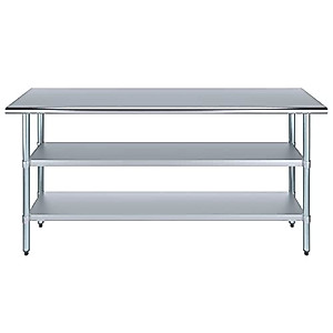 72" Long X 18" Deep Stainless Steel Work Table with 2 Shelves | Metal Food Prep Station | Commercial & Residential NSF Utility Table