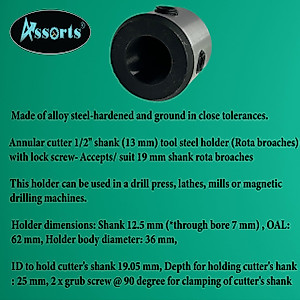 Annular Cutter 1/2" Shank Tool Steel Holder (Hard & Ground) with Lock Screw- Accepts/Suit 19 mm Shank rota broaches