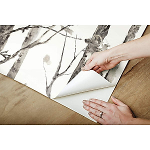 RoomMates RMK11728WP Birch Trees Gray Peel and Stick Wallpaper, White/Grey