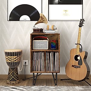 Record Player Stand with Vinyl Storage Turntalbe Stand with Charging Station and USB Ports Size W18 xD17 xH34 Record Player Table Shelf Holder with Power Outlet Holds 150 Albums Brown