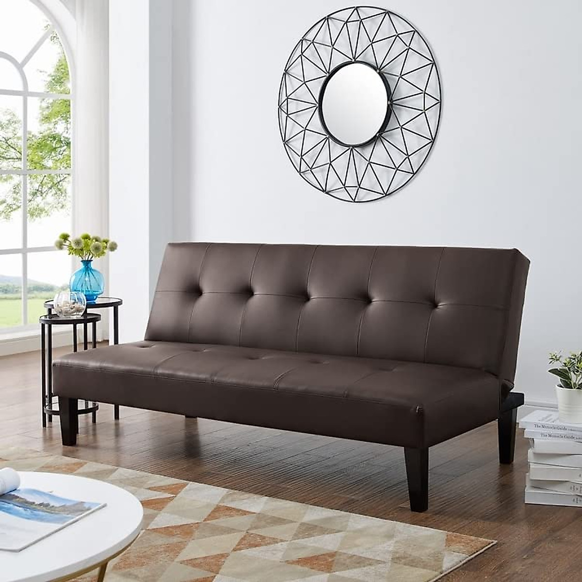 Naomi Home Raelynn Button Tufted Sofa Affordable Caramel Modern - Air Leather Couch for Small Spaces Sofa Cama para Sala Modernos Baratos - Durable Sturdy Living Room Furniture Tool-Free Assembly