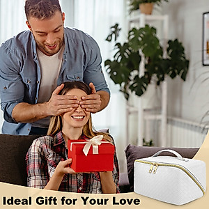 AURUZA Large Capacity Makeup Bag, Travel Cosmetic Bag With Handle and Divider Flat Lay Makeup Organizer Bag, Portable Toiletry Bag,Makeup Storage Bag,Makeup Brush Bag for Women (White)