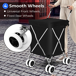COSTWAY Folding Shopping Cart, Portable Grocery Cart on Wheels with Removable Waterproof Oxford Cloth Liner, Transport Up to 120 Pounds, Lightweight Utility Cart for Groceries, Laundry (Black)