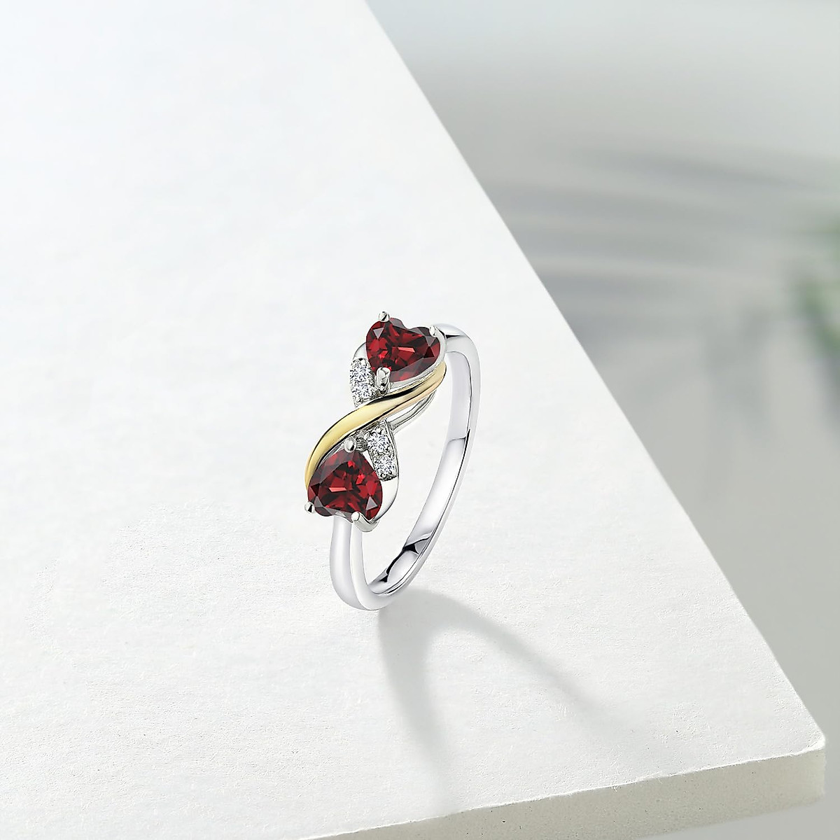 Gem Stone King 925 Silver and 10K Yellow Gold Red Garnet and White Lab Grown Diamond Women Ring (1.24 Cttw, Heart Shape 5MM, Gemstone Birthstone, Available In Size 5, 6, 7, 8, 9)