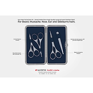 Suvorna Premium Beard & Mustache Scissors Set/Kit with Beard scissors for men - Grooming Scissors men/Facial Hair Scissors/Nose scissors - Eyebrow Scissors - Slant Tweezers (4 Pcs Blue)