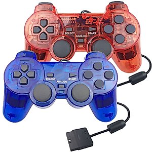 JINHOABF 2 Pack PS2 Wired Controller,Double Shock Gamepad Compatible with Playstation 2 Console (Clear Red and Clear Blue)