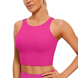 CRZ YOGA Butterluxe Womens High Neck Longline Sports Bra - U Back Padded Crop Workout Tank Top with Built in Pads Hibiscus Purple Medium