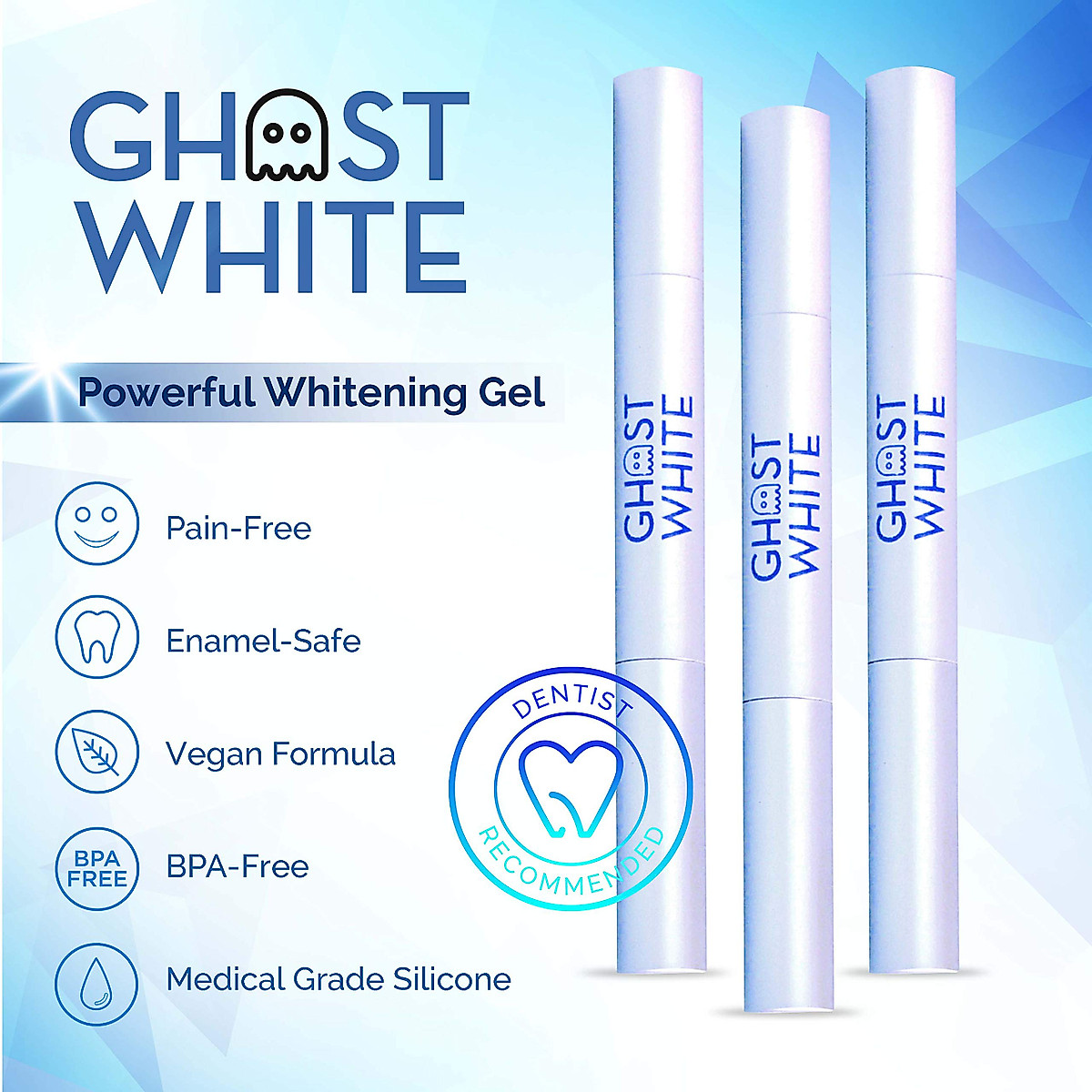 Ghost White Teeth Whitening Kit - Professional LED Light for Whiter Teeth Without Sensitivity, Includes 3 Smart Teeth Whitening Gel Refill Pens, Whitens in Less Than 10 Minutes