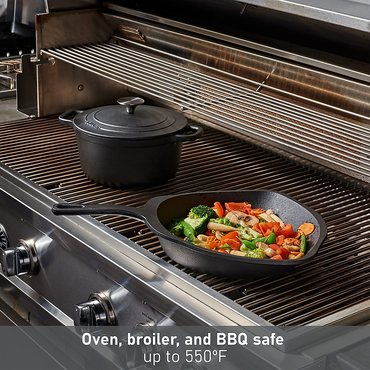 MasterPRO Pre-Seasoned Cast Iron Skillet - Unique Cooking, Saute and Frying Pan for Indoor and Outdoor Use – BBQ Grill, Fire, Oven Safe Camping Cookware, 11” Griddle, Black