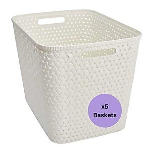 Store & Order Stackable Extra Large Storage Basket x5, Decorative Plastic Box, Multi-Functional Boxes for around the home, Organiser Baskets for Toy Storage, Bedroom or Living Room, White Rattan 28L