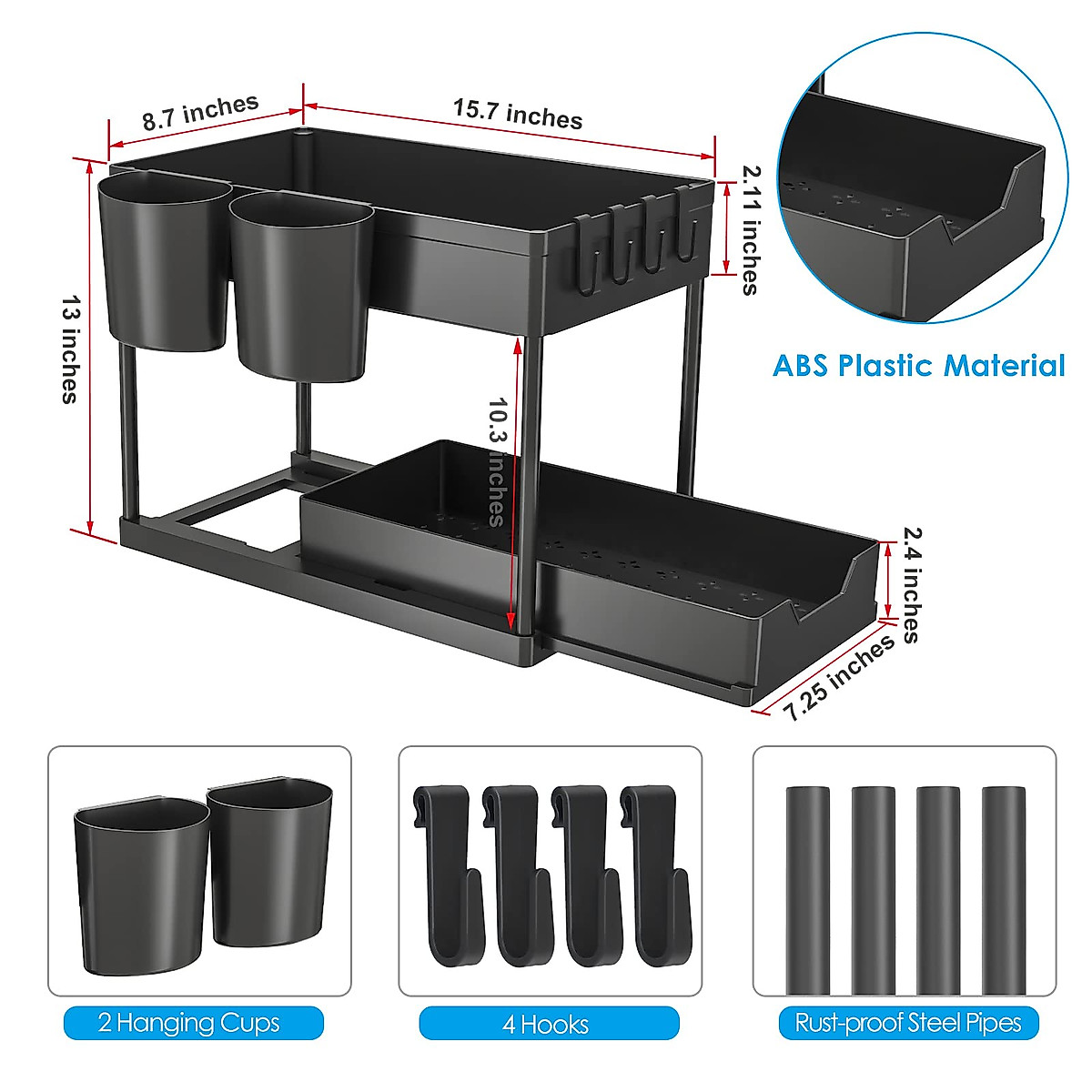 YaCaTaM Under Sink Organizers and Storage, Bathroom Organizers and Storage Under Sink with Sliding Drawer, Under Cabinet Organizers with Hooks and Hanging Cups for Bathroom, Kitchen (1 Pack - Black)