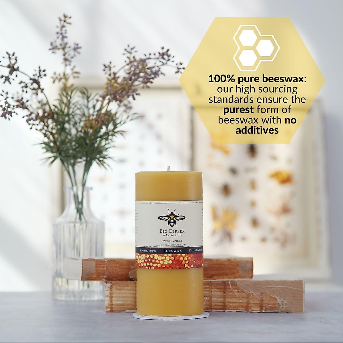 Big Dipper Wax Works Beeswax Pillar Candle, 90-Hour Long Burn, Pure Beeswax Candle, Large 3" x 6"