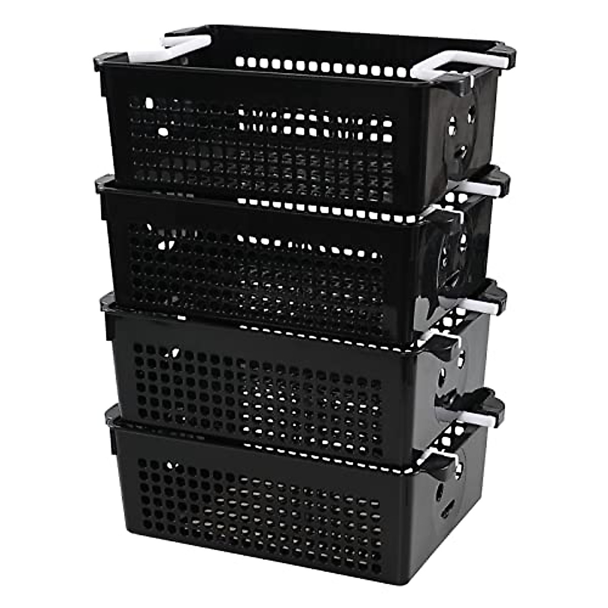 Jekiyo 4 Packs Plastic Basket with Handle, Black Stackable Baskets for Storage