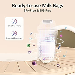 GROWNSY Breastmilk Storage Bags, 6oz Temp-Sensing Zero-Pollution Milk Storing Bag for Breastfeeding, Presterilized, Hygienically Doubled-Sealed, No-Leak for Refrigeration and Freezing, 130PCS