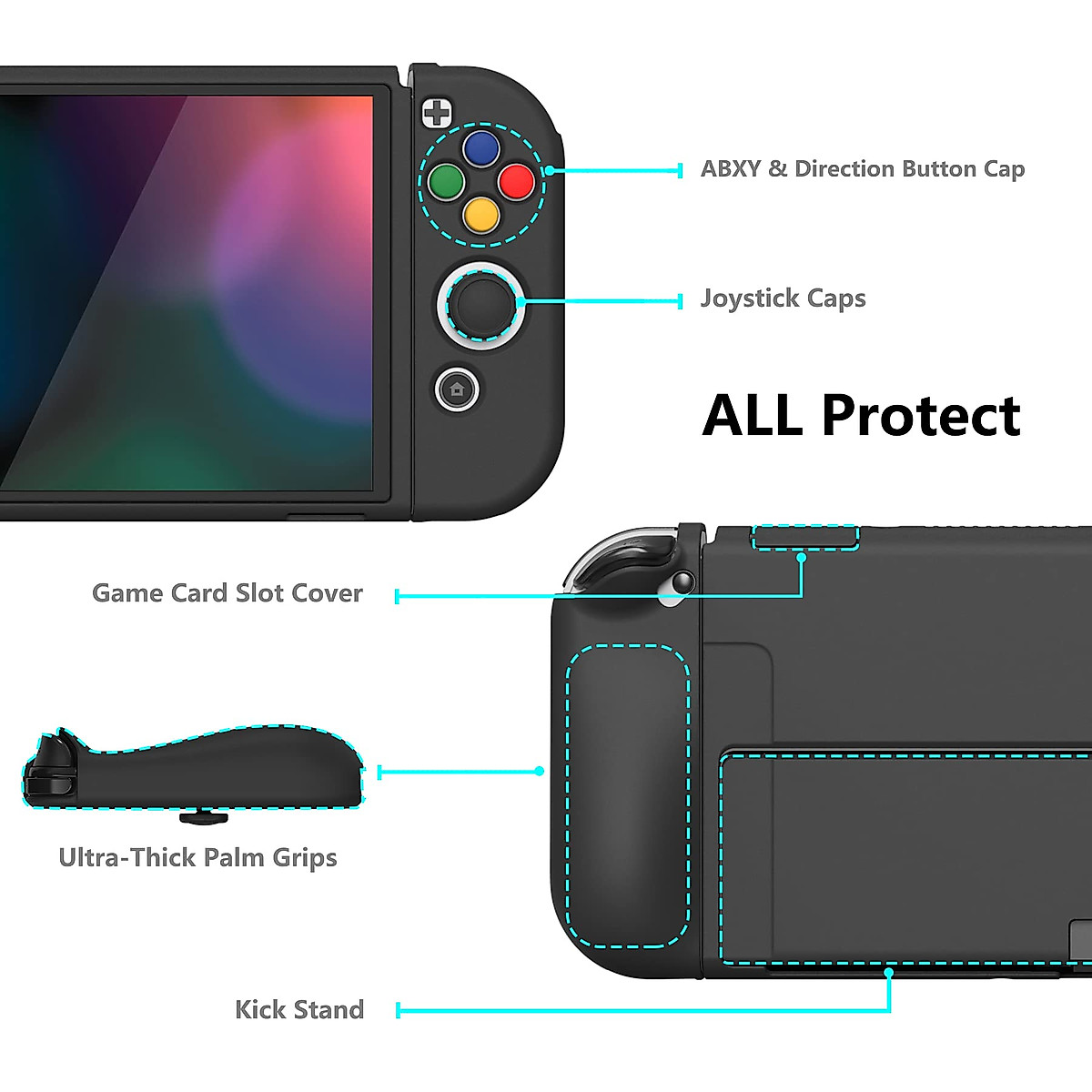 PlayVital ZealProtect Soft Protective Case for Nintendo Switch OLED, Flexible Protector Joycon Grip Cover for Nintendo Switch OLED with Thumb Grip Caps & ABXY Direction Button Caps - Black