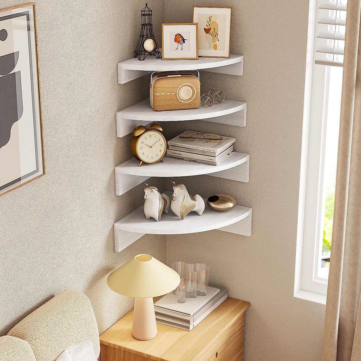 Alsonerbay White Corner Shelf Wall Mount, Set of 4 Floating Shelves for Storage and Display, Large Wooden Shelves for Bedroom, Living Room, Bathroom, Entryway, Garage