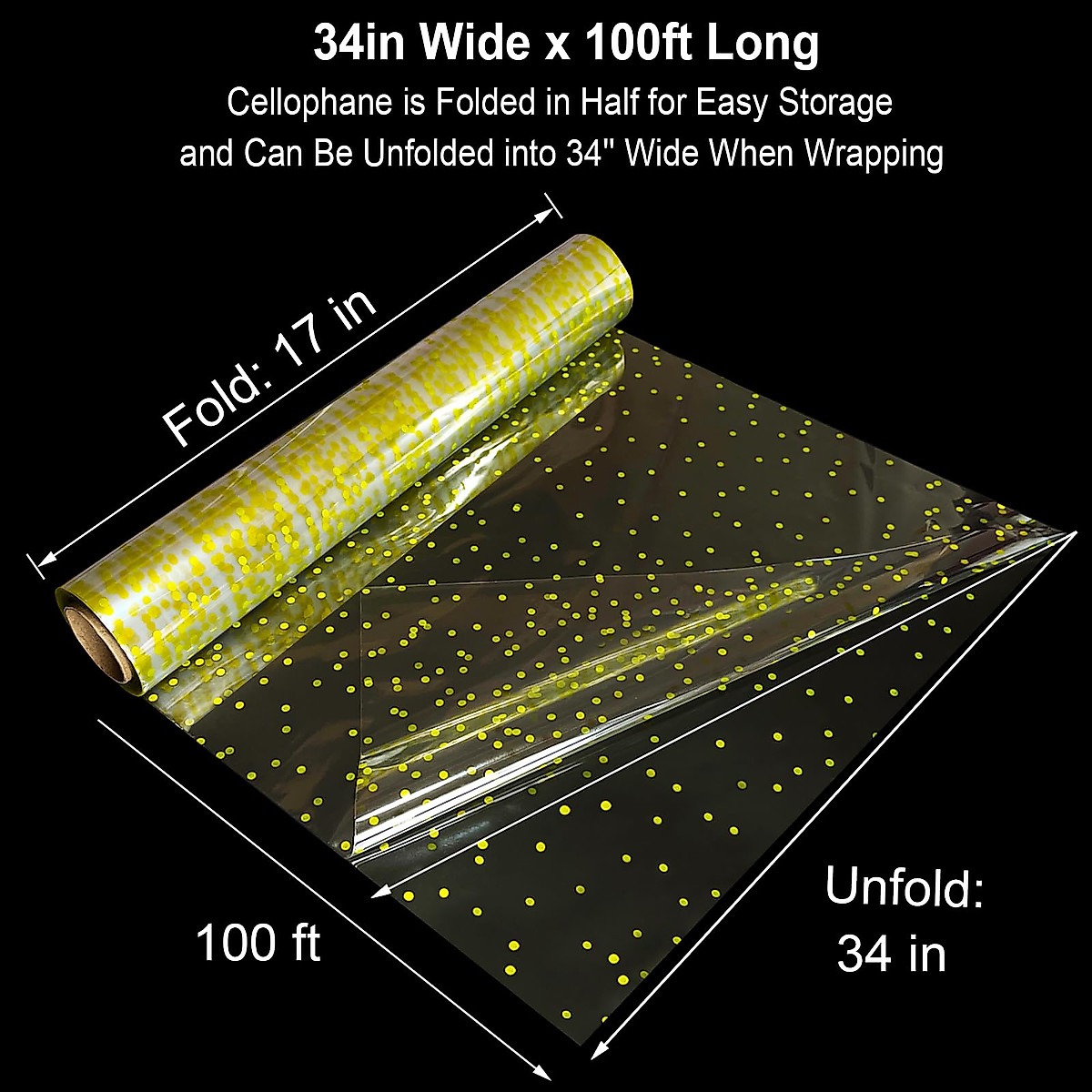 SYOGUA 100ft X 34in Extra Wide Clear Cellophane Wrap with Gold Polka Dots, Transparent Thicker Clear Cellophane Wrapping Paper, Clear Gift Wrap Cellophane Roll for Baskets, Treats, Holiday, Christmas Gifts