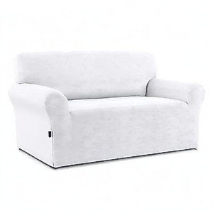 Easy-Going Fleece Stretch Sofa Slipcover Spandex Non-Slip Soft Couch Sofa Cover, Washable Furniture Protector with Anti-Skid Foam and Elastic Bottom for Kids, Pets(Loveseat, Snow White)