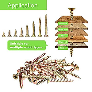 M3 Flat Head Wood Screws Assortment Fasteners Kit 420pcs,Phillips Drive Countersunk Head Self-Tapping Screws,Yellow Zinc Plated Finish,Contains 20pcs M6 Screw Anchors