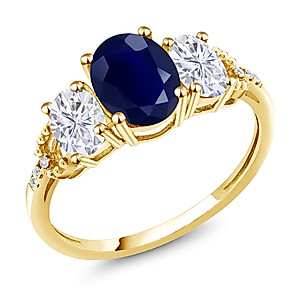 Gem Stone King 2.84 Cttw 10K Yellow Gold Blue Sapphire White Moissanite and Diamond 3-Stone Engagement Ring | Gemstone Birthstone | 3 Stone Wedding Anniversary Promise Ring For Women (Size 5)